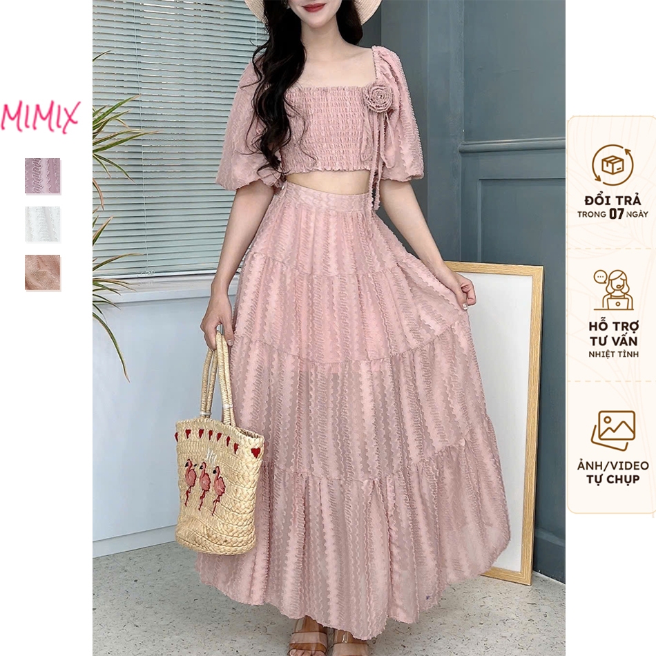 Mimix ชุดสตรีชุดเสื้อสม็อคแขนบอลผสมกระโปรงบานยาว 3 สี 3D ผ้าไหมคลื่น ...