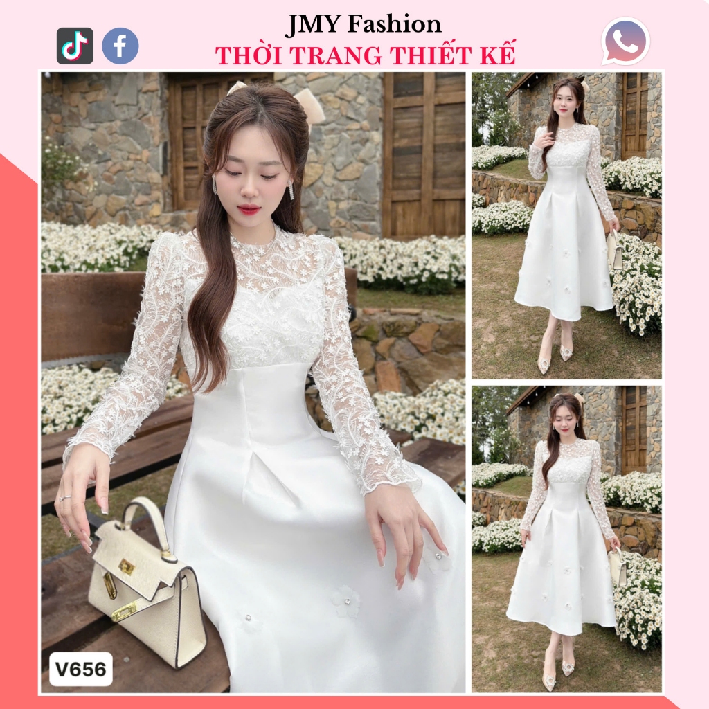 V656, RC737 เดรสสีขาว tapa ลูกไม้ลายดอกไม้แขนยาวสําหรับปาร์ตี้ [TH HA LE] เดรสลายดอกไม้บานสีขาว ...