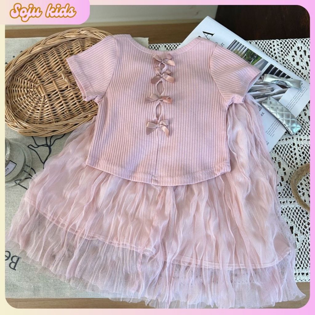 Soju Kids Set แม็กซี่เดรส + เสื้อยืดผูกโบว์ด้านหลัง เด็กผู้หญิงสไตล์ ...