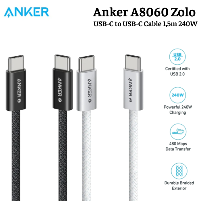 ANKER Zolo A8060 USB-C to C Fast Charging Data Transfer Cable 240W ความจุ 1.5m ยาววัสดุไนลอน ...