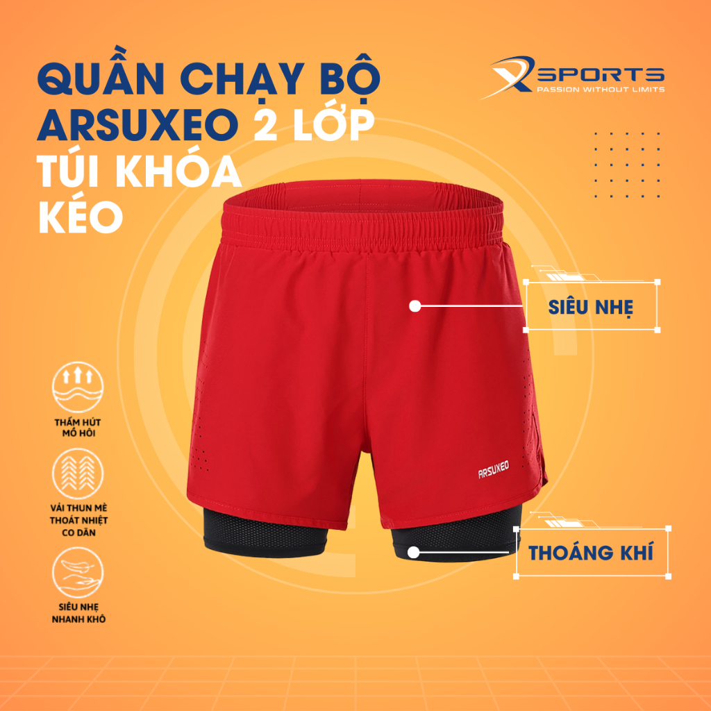 ARSUXEO 2-LAYER MENS RUNNING PANTS (BOXER), BACK ZIPPER POCKET MS01 ...