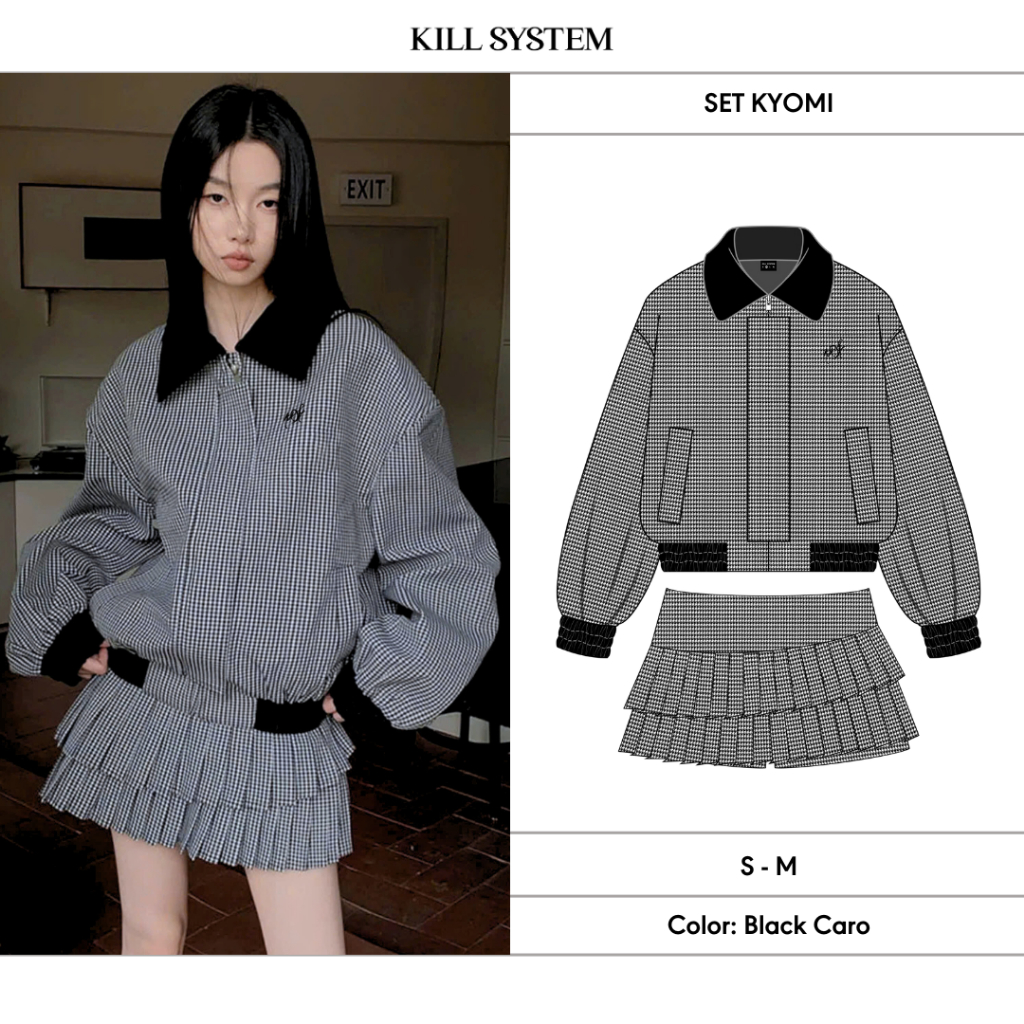 เสื้อบอมเบอร์ ชุดพร้อมกระโปรงจีบลายสก๊อตสองชั้น KYUMI - KILL SYSTEM ...