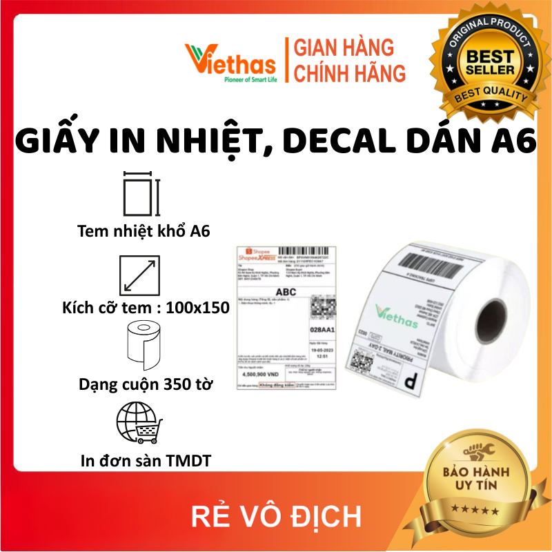 VIETHAS - กระดาษพิมพ์ความร้อน, A6 Decal สติกเกอร์สําหรับการพิมพ์ Shopee ...