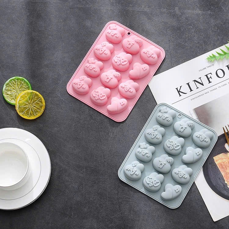 HCM-SILICON MOLD WITH 12 CUTE HEART RABBITS FOR CAKES, CHOCOLA, JELLY ...