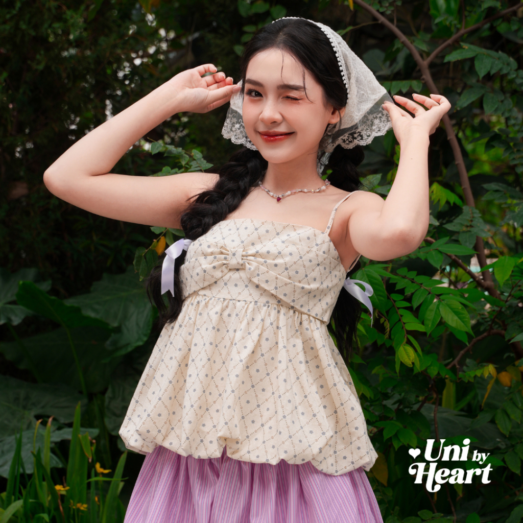 Quincy Top AB002 ทรง 2 สาย ลายดอกไม้ ทรงพองๆ - Uni By Heart | Shopee Thailand