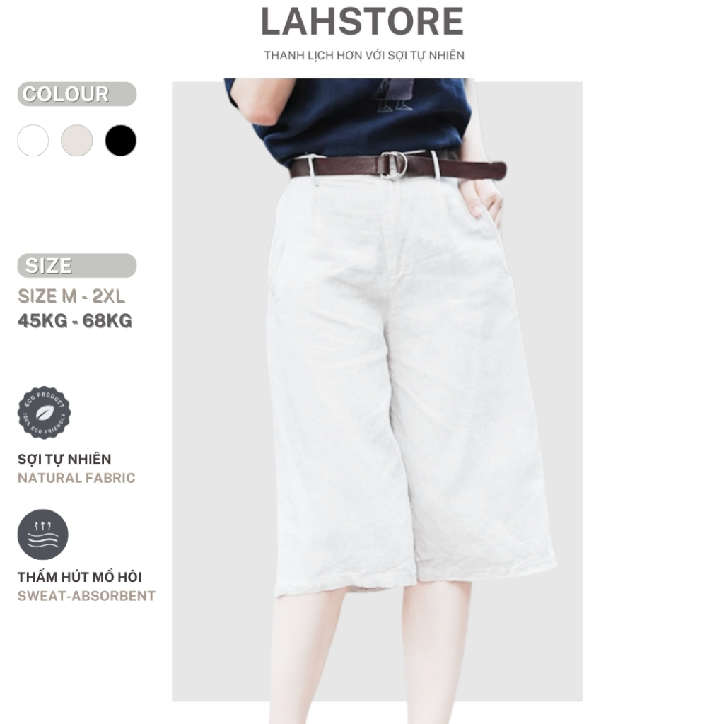 LAHSTORE กางเกงขาสั้นขากว้างทรงหลวมในผ้าลินินดิบคุณภาพสูงเอวสูงและเอว ...
