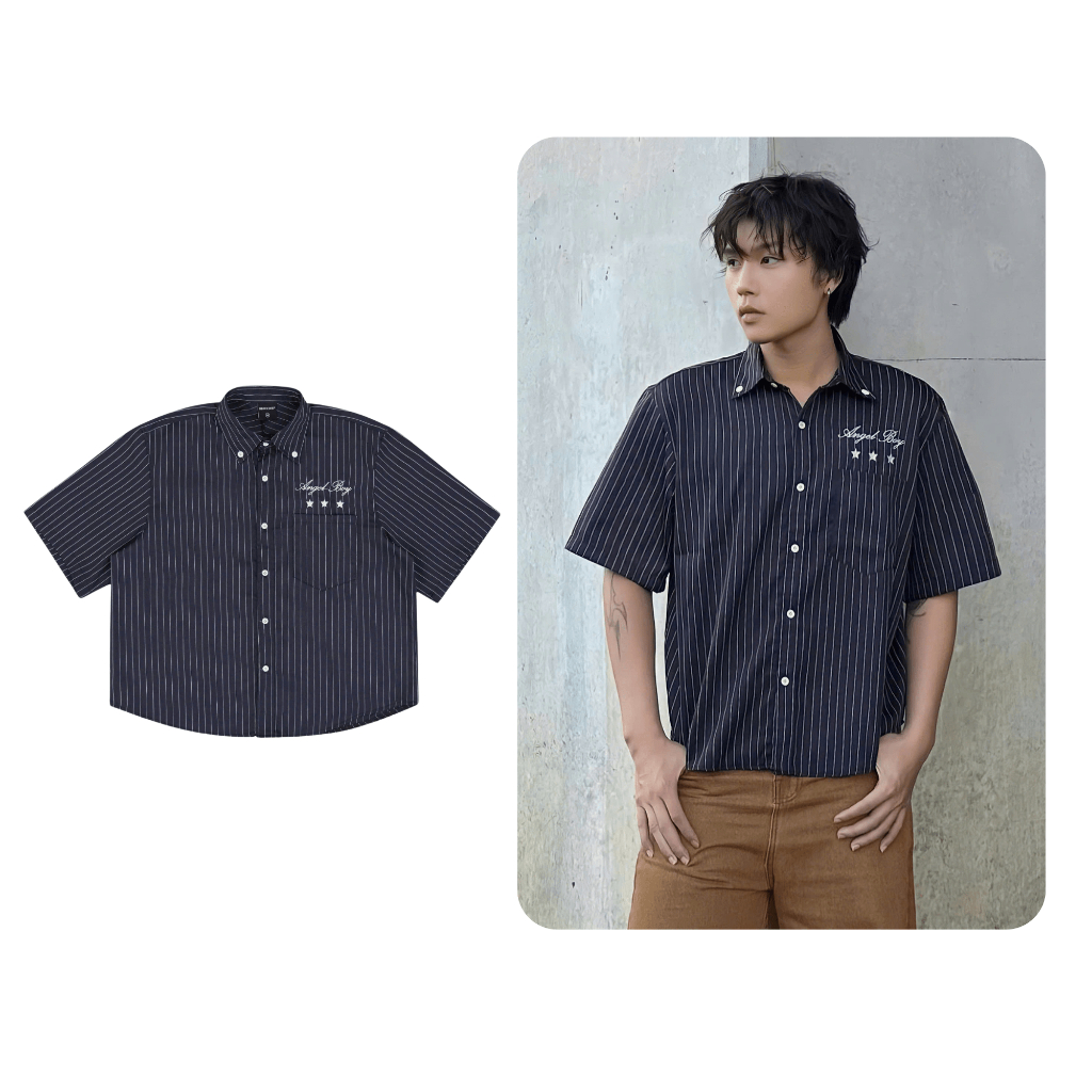 เสื้อเชิ้ตแขนสั้น Angel ODIN CLUB เสื้อเชิ้ตแขนสั้นลายทางทรงกล่องผ้าลาย ...