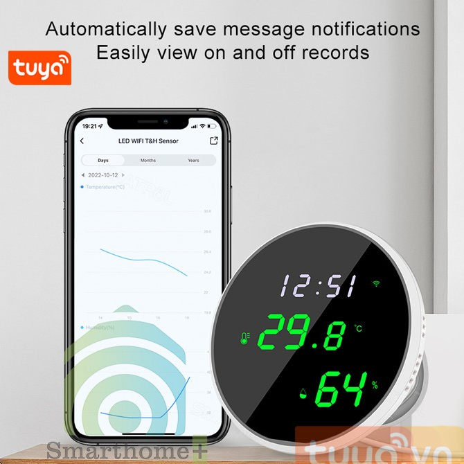Tuya TTH8 Wifi Mirror Screen LED เครื่องวัดอุณหภูมิความชื้น | Shopee ...