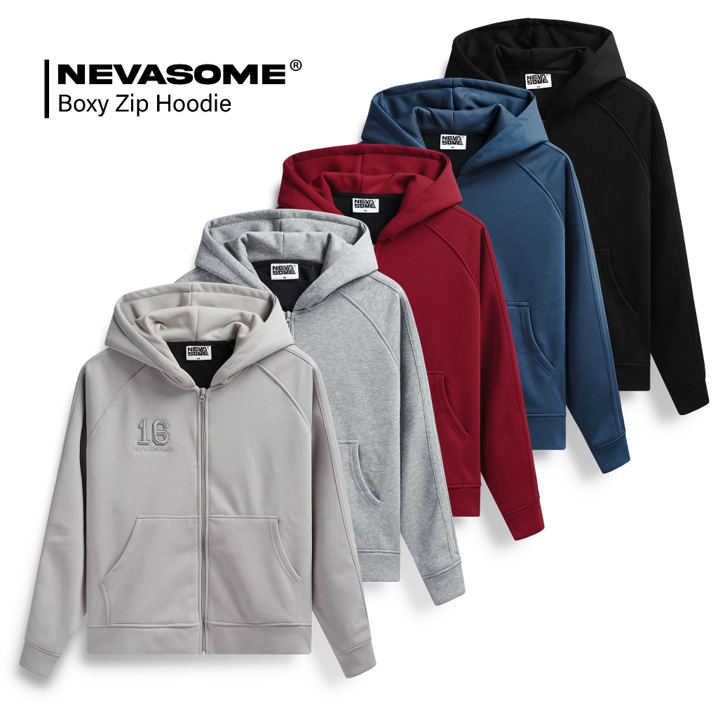 Local Brand NEVASOME Boxy 16 Form Zip Hoodie - ซับขนแกะ 5 สี 360 gsm ...