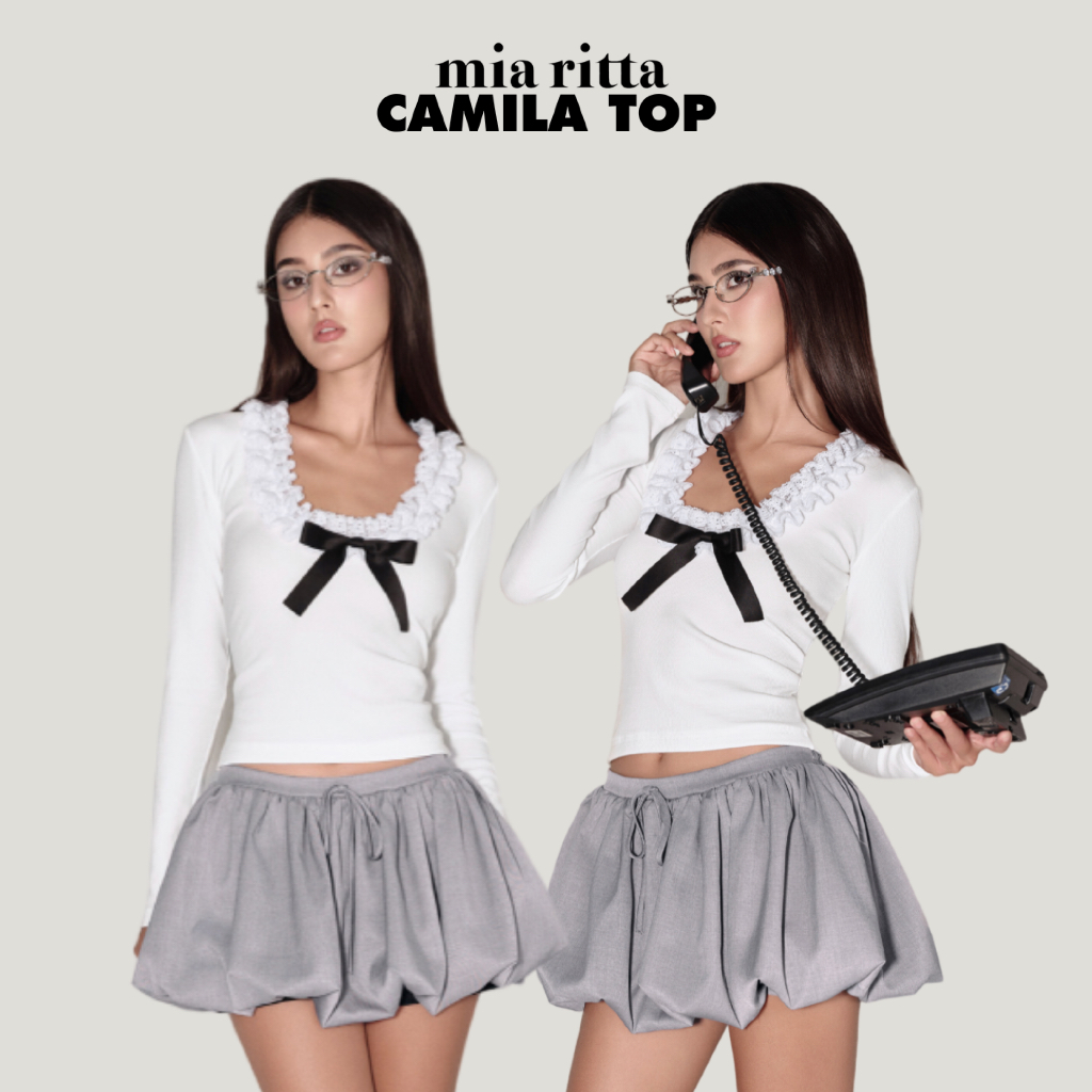 เสื้อยืด Camila Top Mia Ritta ribbed A2213 - เสื้อยืดจั๊มสีขาวแขนยาวคอปกลูกไม้ - เสื้อยืดแขนยาว ...