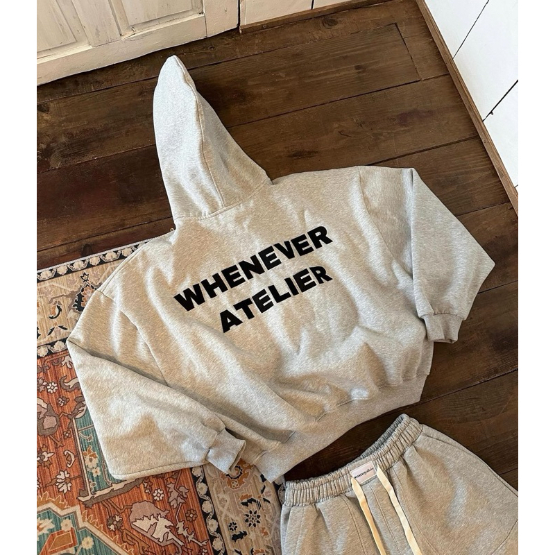 Whenever ATELIER BASIC ZIP Boxy ZIP Hoodie สามสี ดํา/ขาว/เทา (แถมกระเป๋าผ้าใบหูรูดเมื่อเอเวอร์ ...