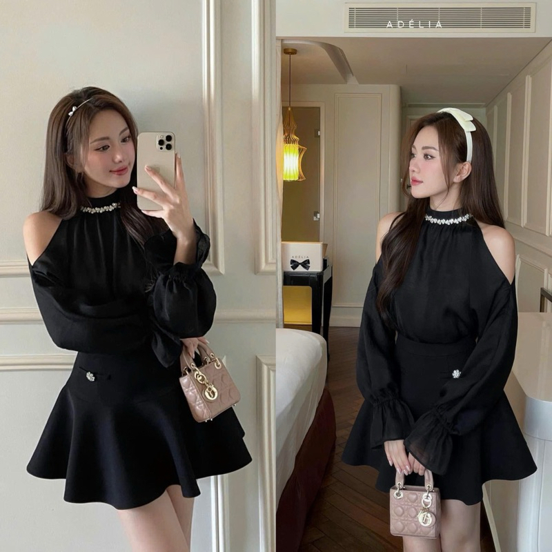 [S2.2045] ชุดเสื้อไหม 2 ชั้นพร้อมปกหินเปิดไหล่ผสมกระโปรงชุดราตรีบานเท็กซ์ 2 สี (cvay มีซับใน ...