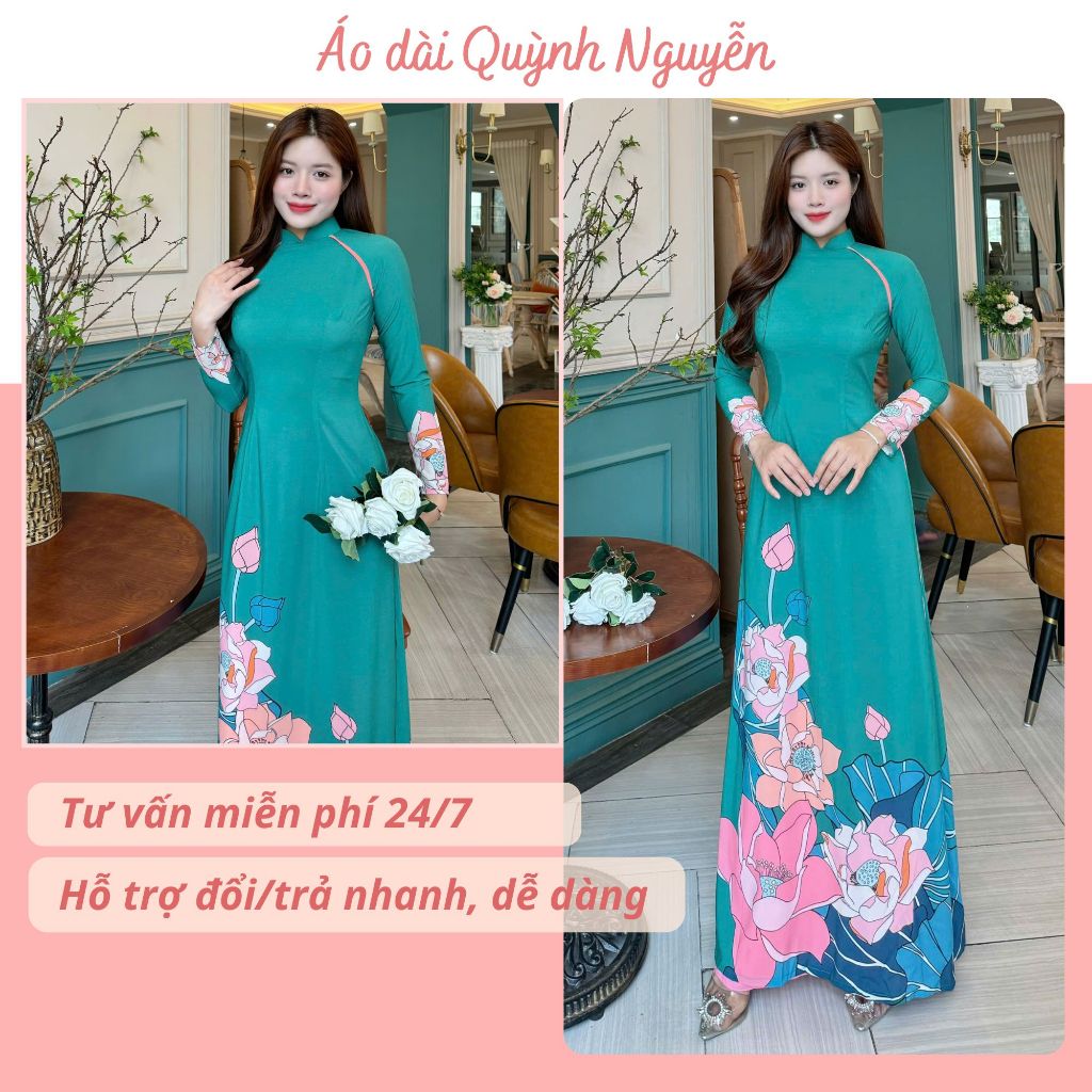 ผู้หญิง Ao Dai ผ้าไหมญี่ปุ่น Ao Dai พร้อม 6d พิมพ์ลายดอกบัวทีล Quynh ...