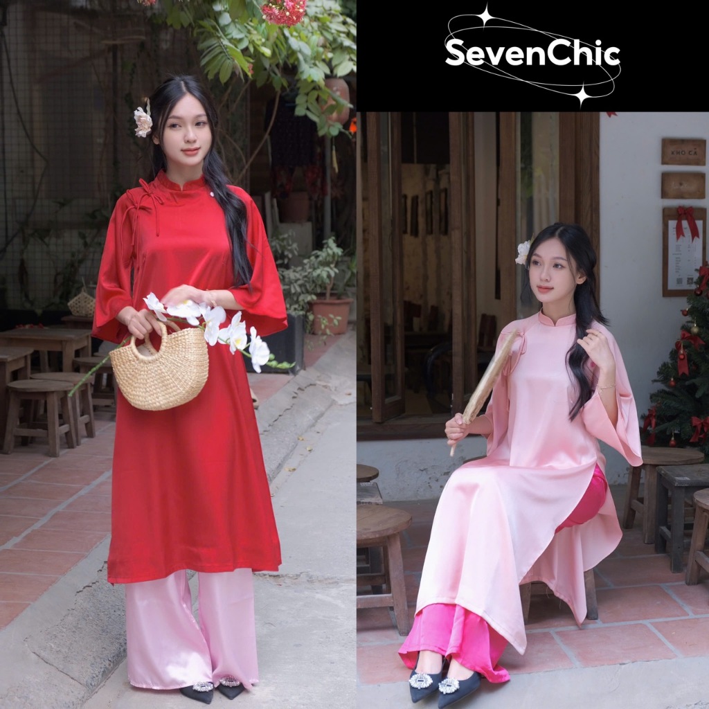 Smooth Silk Ao Dai พร้อมโบว์และกระดุมมีสไตล์ห่อกางเกง SevenChic AodaiA012 | Shopee Thailand