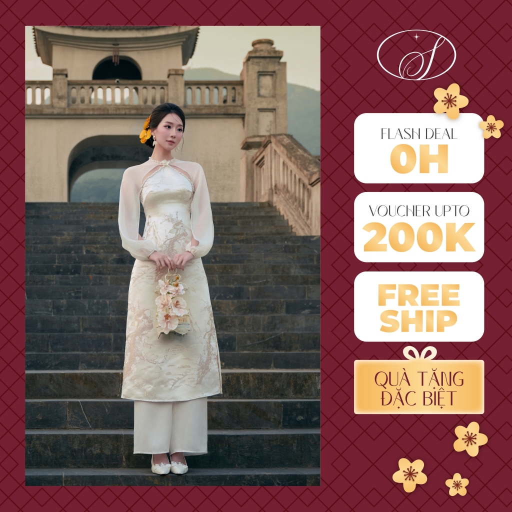 Soleil นวัตกรรม Tet ผู้หญิง Ao Dai ออกแบบด้วยผ้าไหมมันเงาและคอกลมโบรเคดคุณภาพสูงพร้อมไข่มุก ...