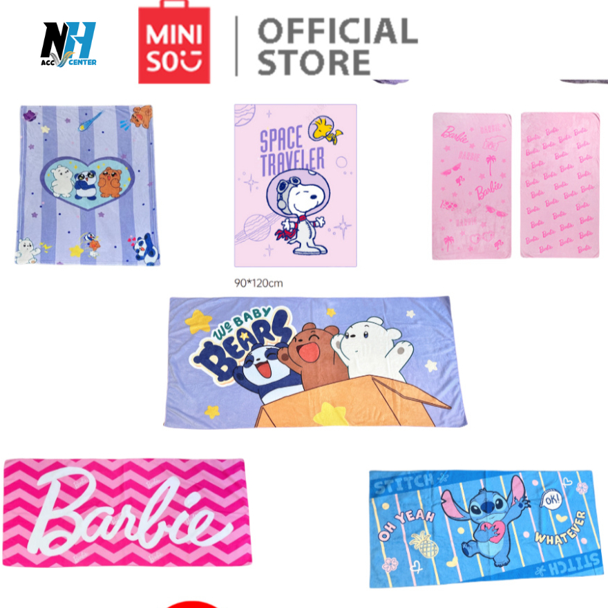 Miniso ผ้าเช็ดตัวพิมพ์ลาย Minso (Barbie/ We Baby Bears/ Snoopy the ...