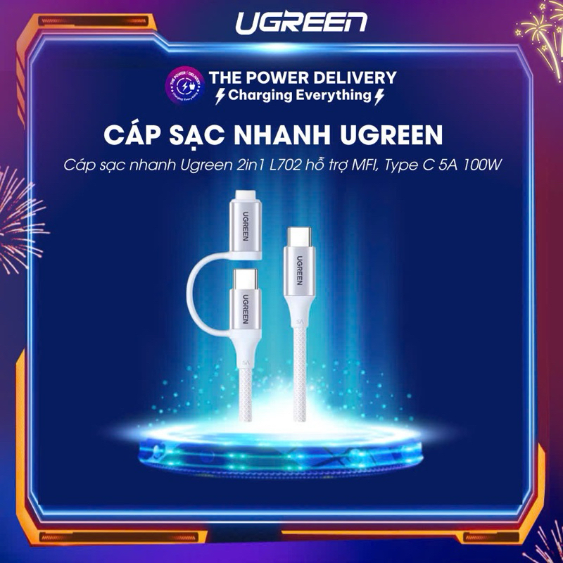 Ugreen สายชาร์จเร็ว 2in1 L702 พร้อมฝาครอบร่มแข็งแรง รองรับ MFI ความจุ Type C 5A 100W รุ่น Type C ...