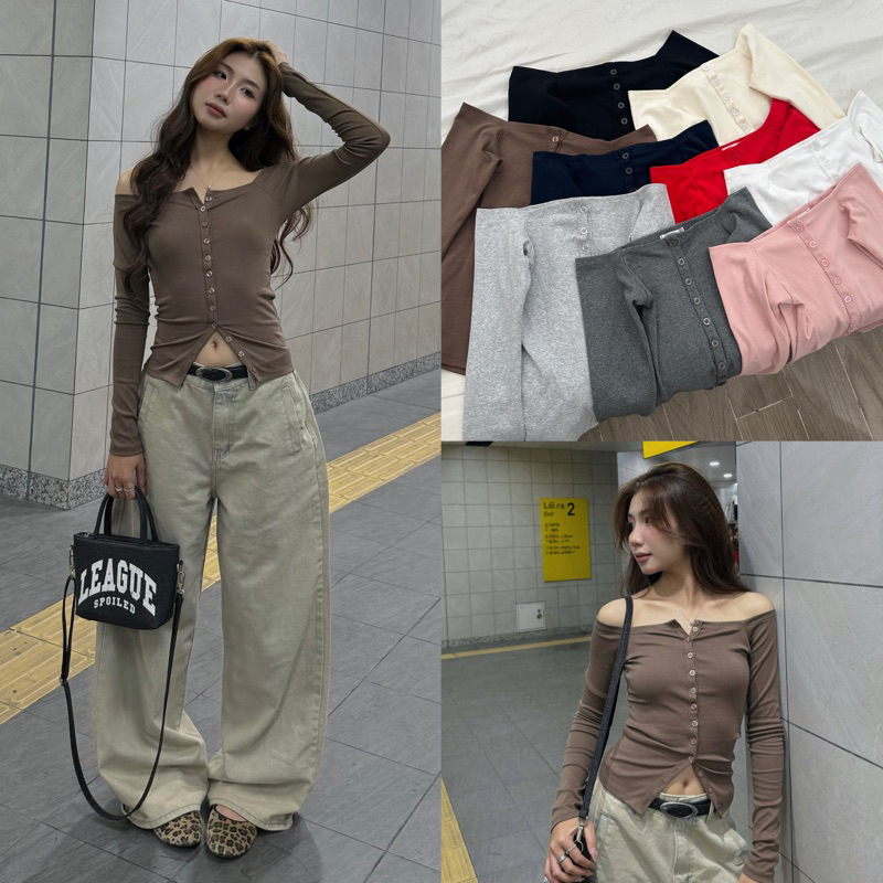 NANCY TOP - DEROSE เสื้อยืดแขนยาวปิดไหล่เต็มปุ่มพร้อมแขนเสื้อ Flip-Flop ...
