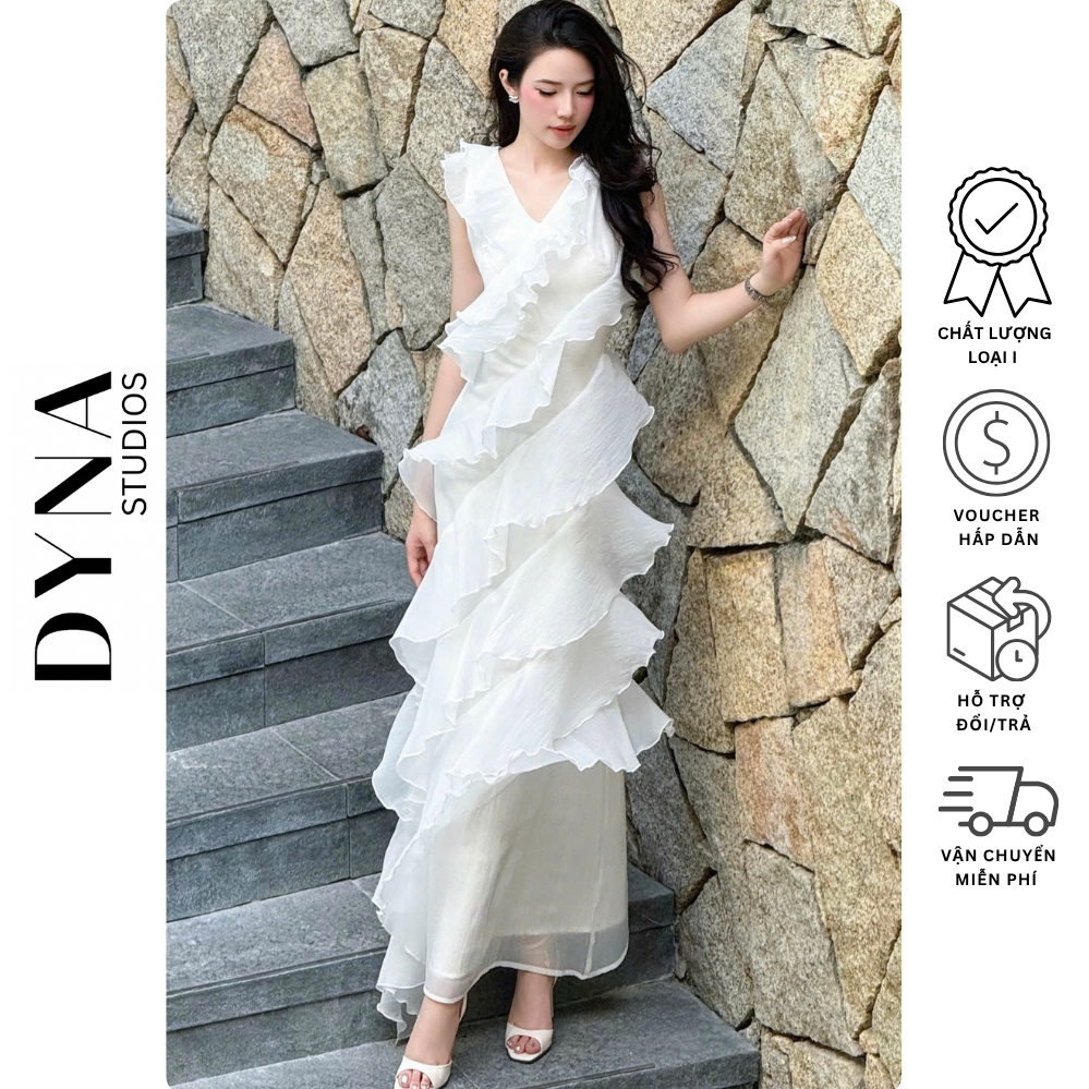 CHAU HY ชุดเดรสรักแร้ยาวคอวีพร้อม Ruffles แนวตั้ง DYNA STUDIOS | Shopee Thailand