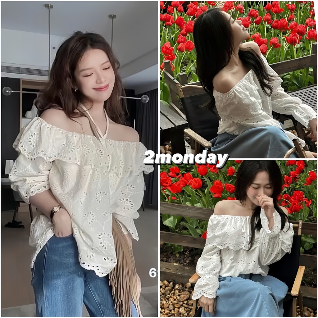 [QC/READY PRODUCTS] เสื้อเชิ้ตเปิดไหล่ปักลายแขนบานเร้าใจและผูกโบว์ ...