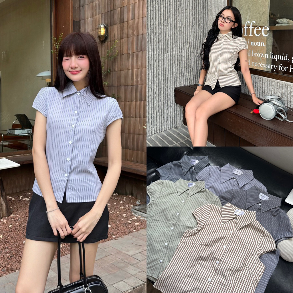 VERA TOP - เสื้อเชิ้ตลายทาง DEROSE พร้อมปกถักก้างปลาด้านหลังและแขน ...