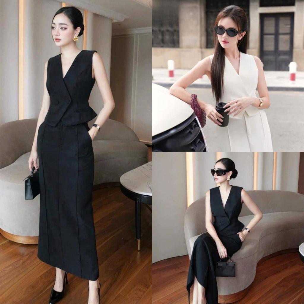 K09 Set (บนและกระโปรง) เสื้อกั๊กพร้อมกระโปรงทรงดินสอ | Shopee Thailand