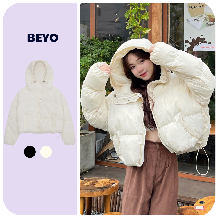 Beyo crop top เสื้อพัฟเกอร์ แจ็คเก็ตพัฟอ้วนสั้น มีฮู้ดผ้านวมอุ่น T034 ...