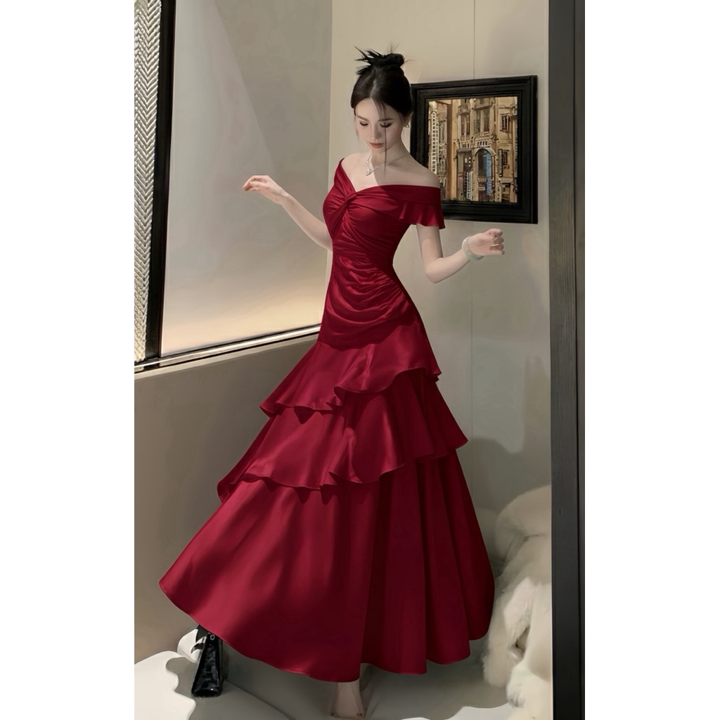 DP13 FLAT SHOULDER SILK DRESS สําหรับ GOING OUT, WEDDING, TET DRESS ...