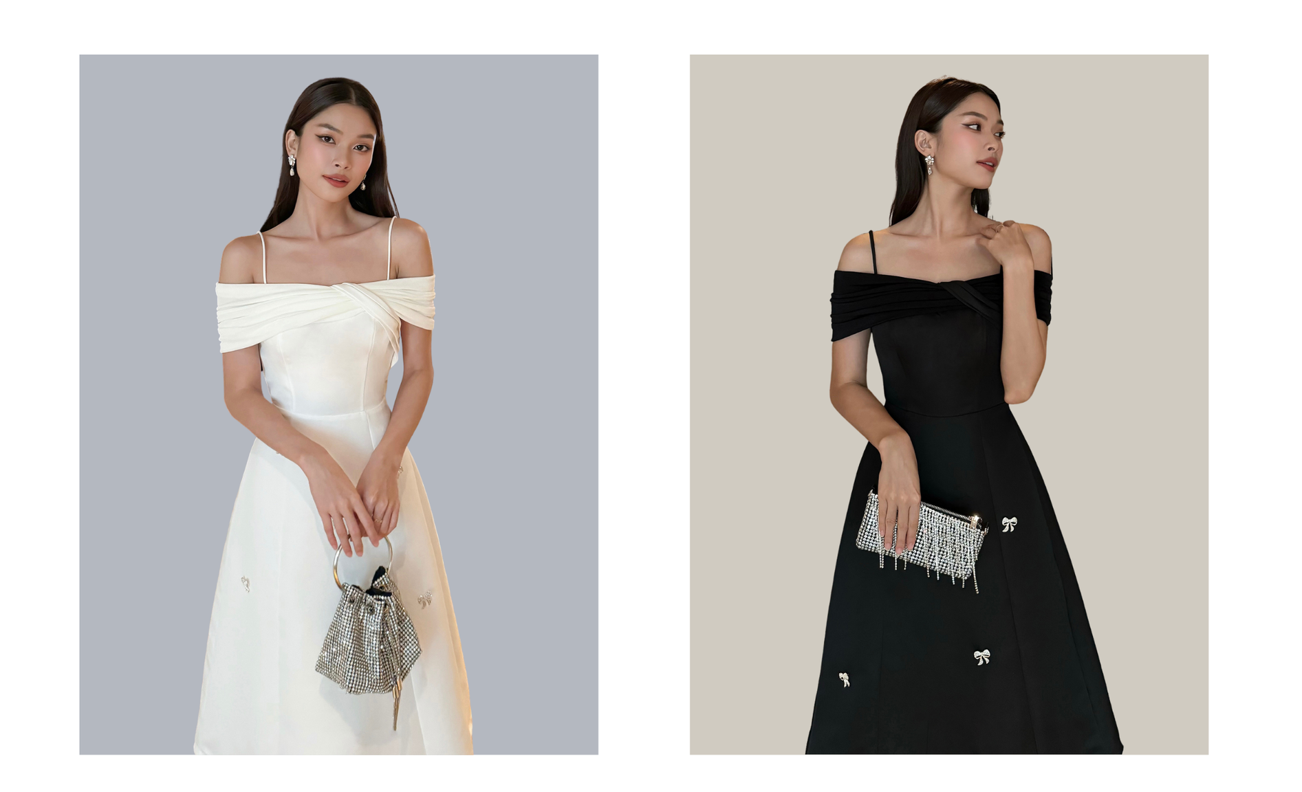 ชุดเดรสปาร์ตี้เปิดไหล่โบว์ Rhinestone หรูหราของ Bbstore -D3054 | Shopee Thailand