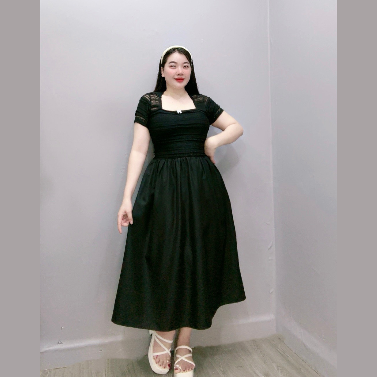 เดรสลูกไม้ไซส์ใหญ่ผู้หญิงมีโบว์สวยและทรงบานสําหรับสาวอวบ 60-95kg G673 ...