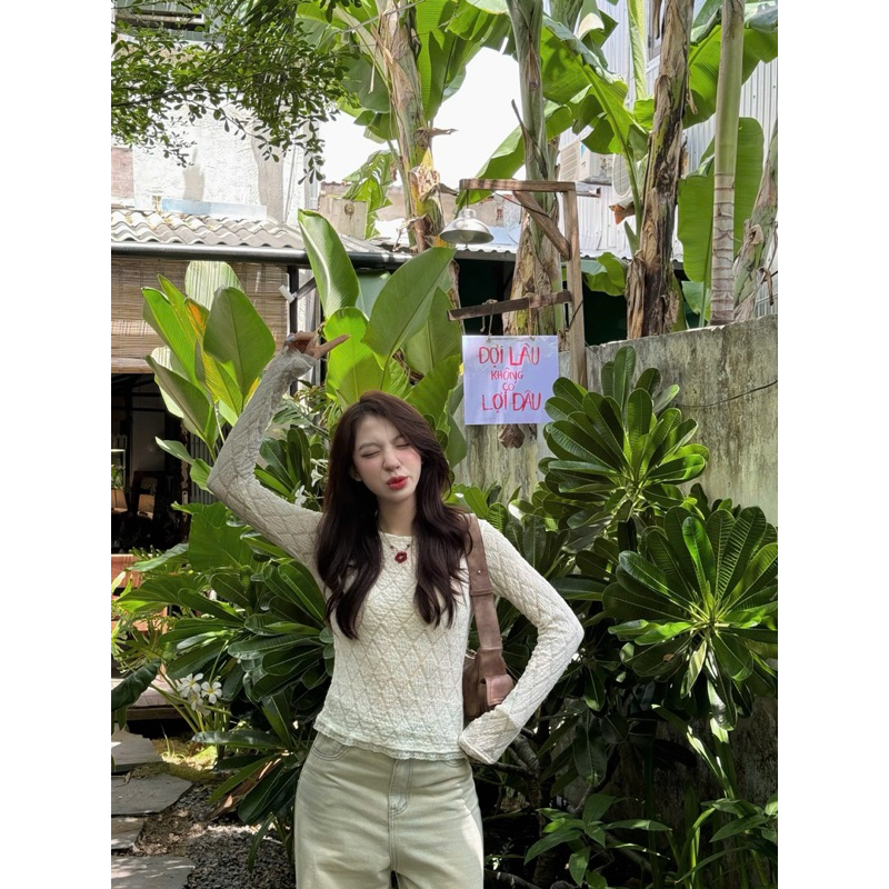 RELA TOP เสื้อกันหนาวลูกไม้แขนยาวโฟมลายที่เต็มไปด้วยสีครีมอ่อนผสมได้ง่าย HA398 | Shopee Thailand