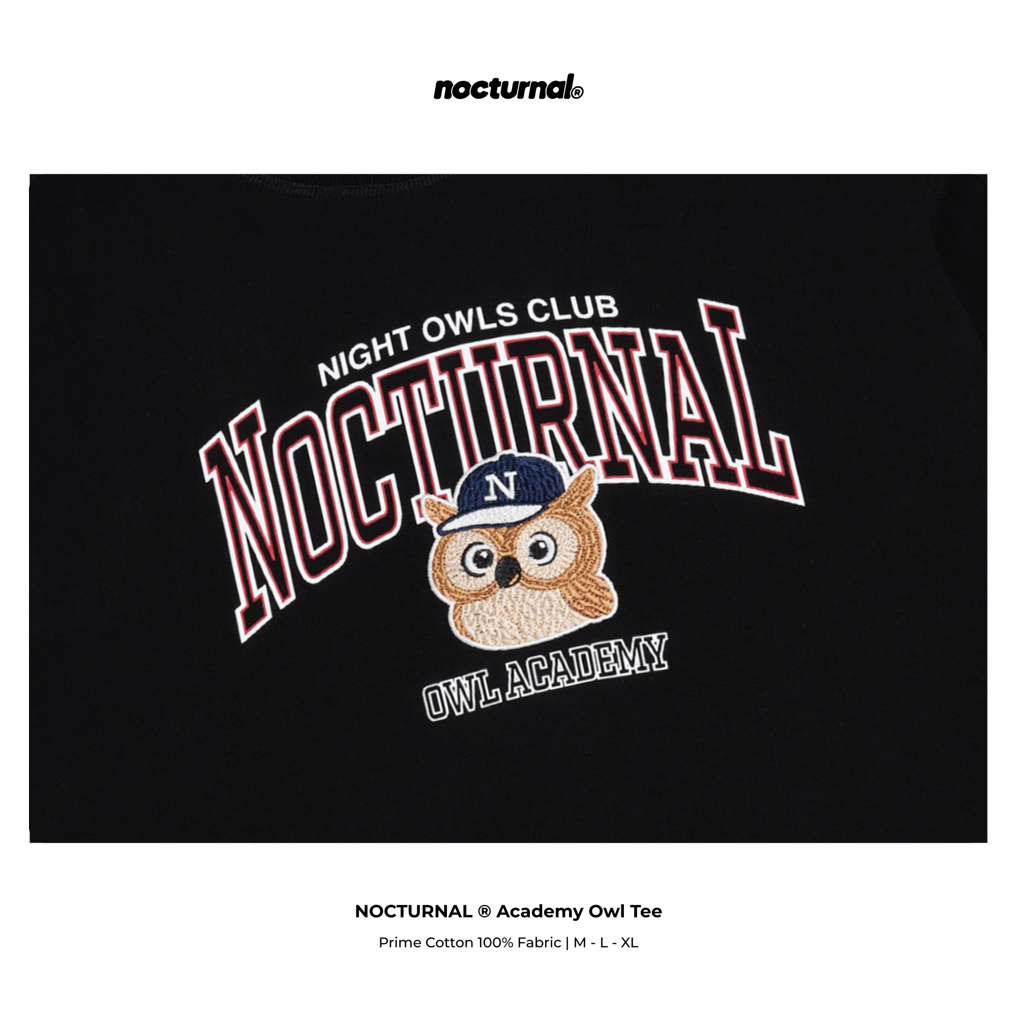 เสื้อยืดปักขนาดใหญ่ NOCTURNAL Academy Owl Tee Prime Cotton 100% ผู้ชาย ...