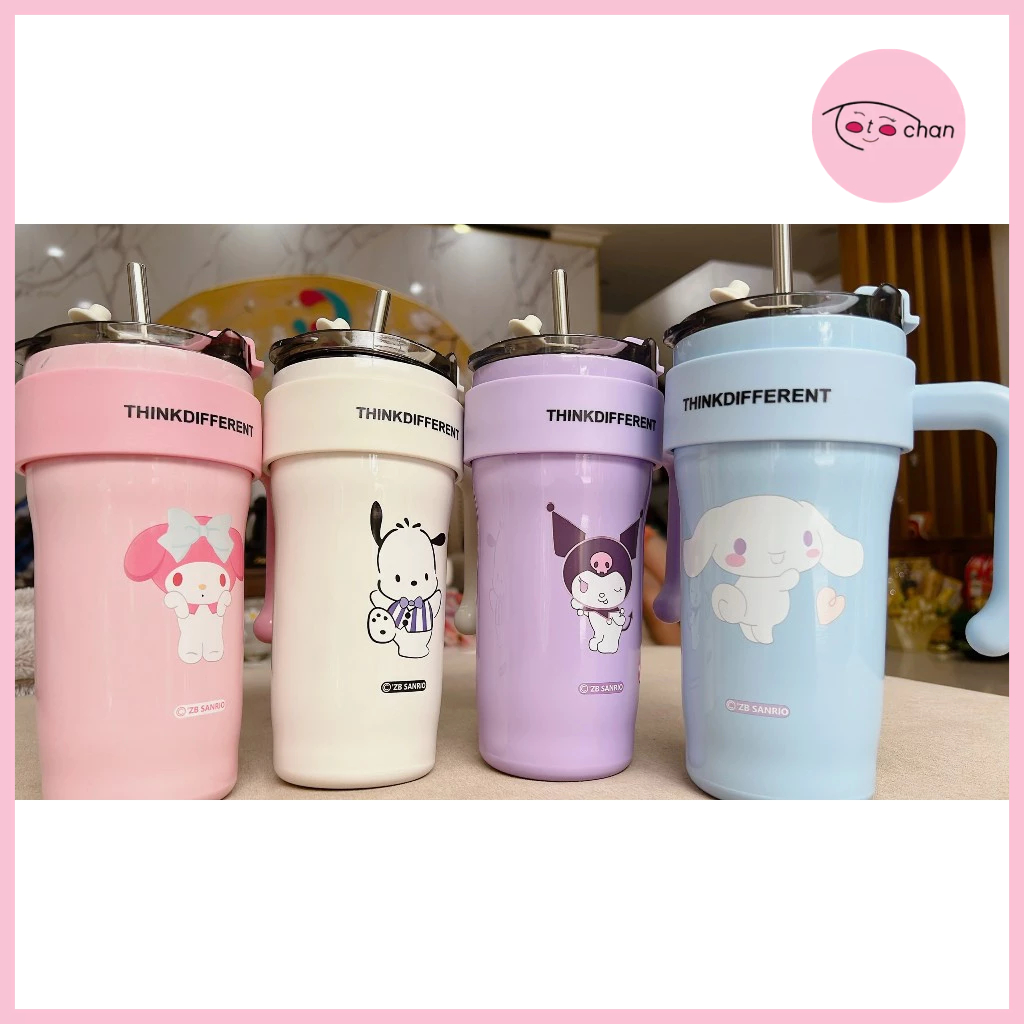Sanrio Thermos Bottle with Handle 850ml (พร้อมหลอด) พิมพ์ลาย Cute Animals (พร้อมเครื่องราง ...