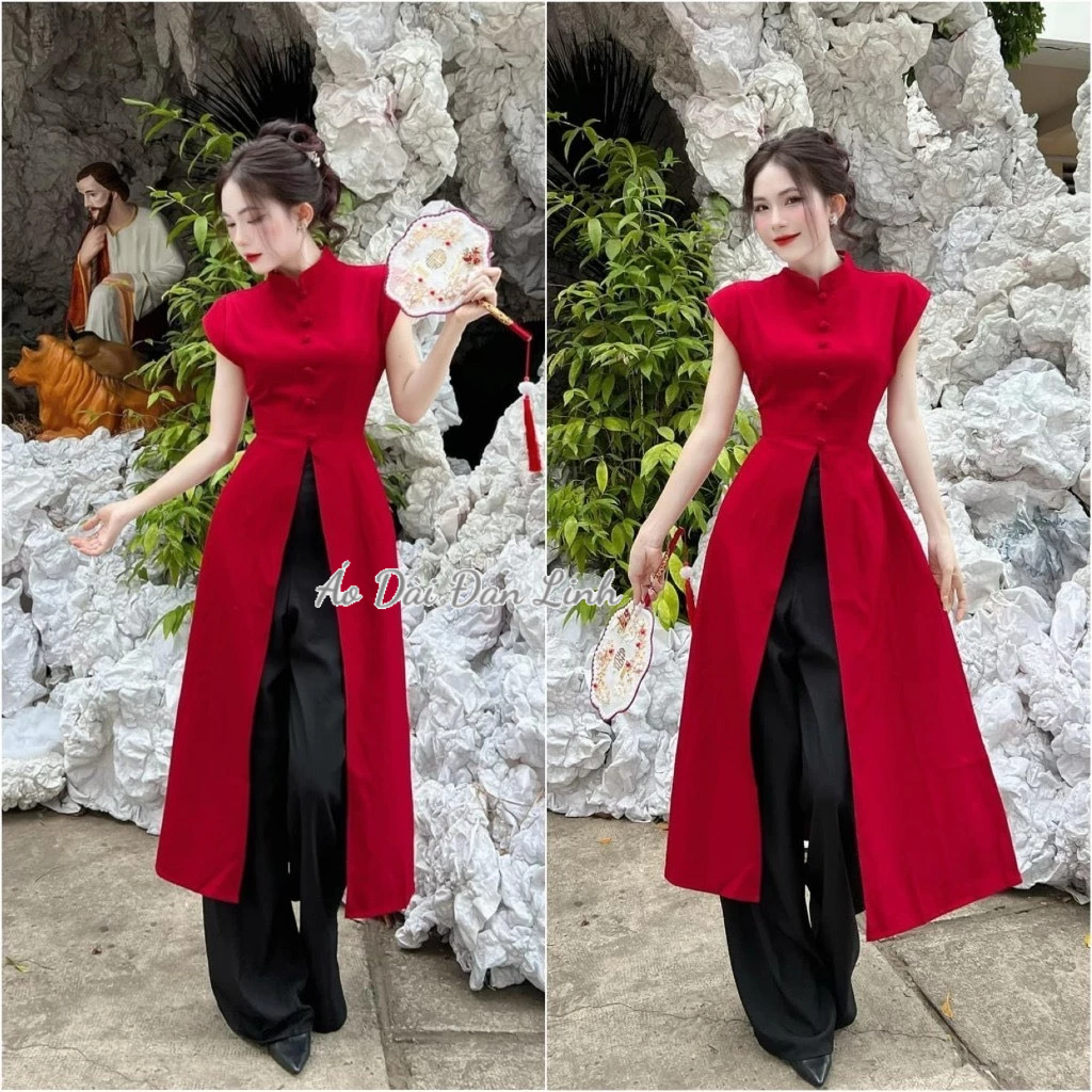 ผ้าไหมสมัยใหม่ Ao Dai ผ่าสีแดง - Dan Linh Ao Dai | Shopee Thailand