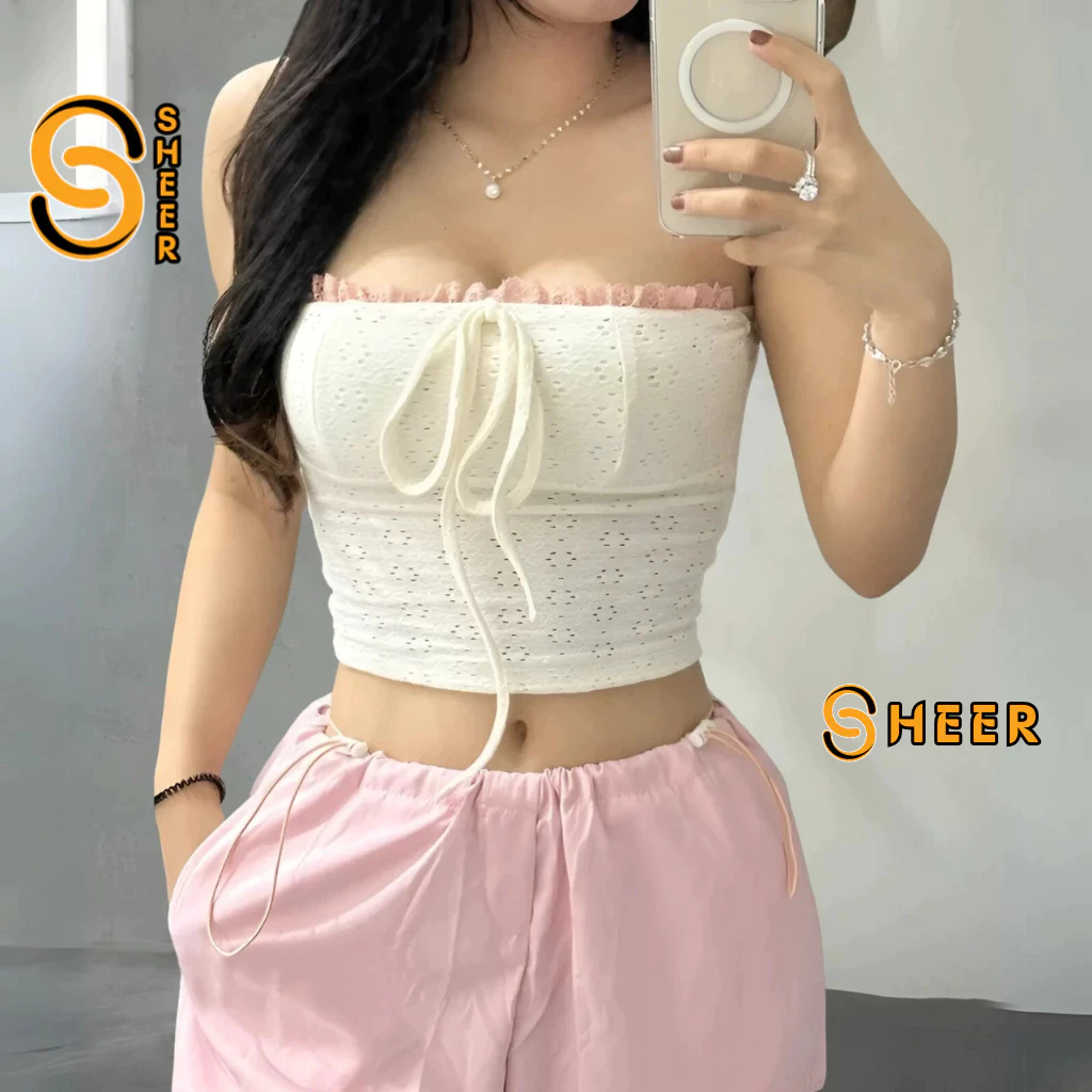 SHEER CR45 ผู้หญิงลูกไม้ Trim Patterned Tube Top พร้อมโบว์คัพ, เซ็กซี่ 2hand Bodycon โครเชต์ ...